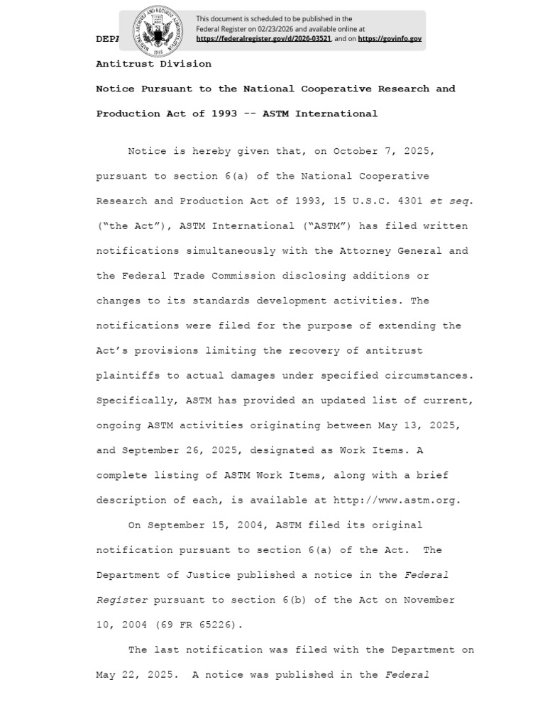 Department of Justice Antitrust Division Notice Pursuant To The ...