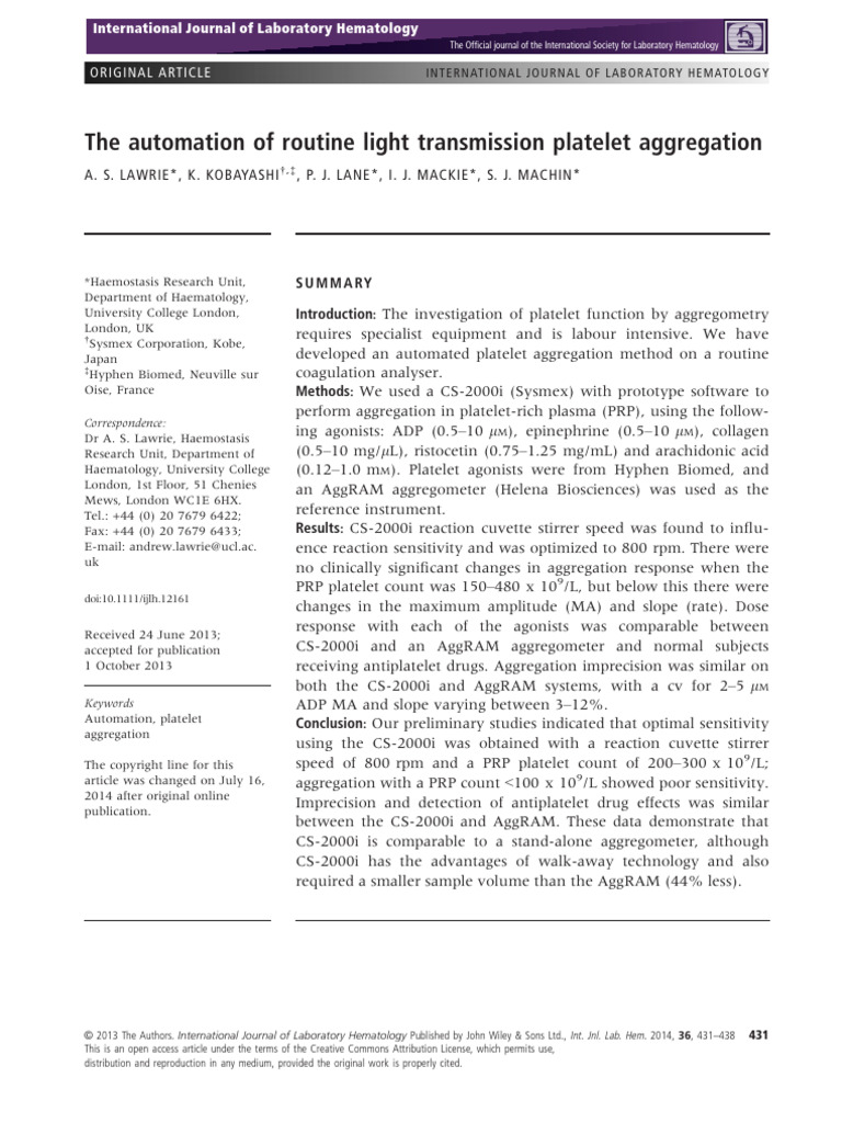 Light Transmission Platelet Aggregation | PDF | Platelet | Clinical ...