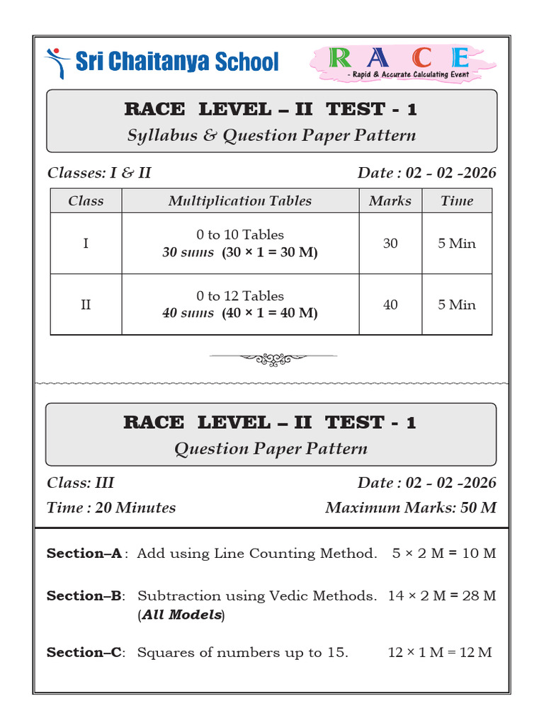 RACE Level-II Test-1 Paper Pattern | PDF | Multiplication | Subtraction