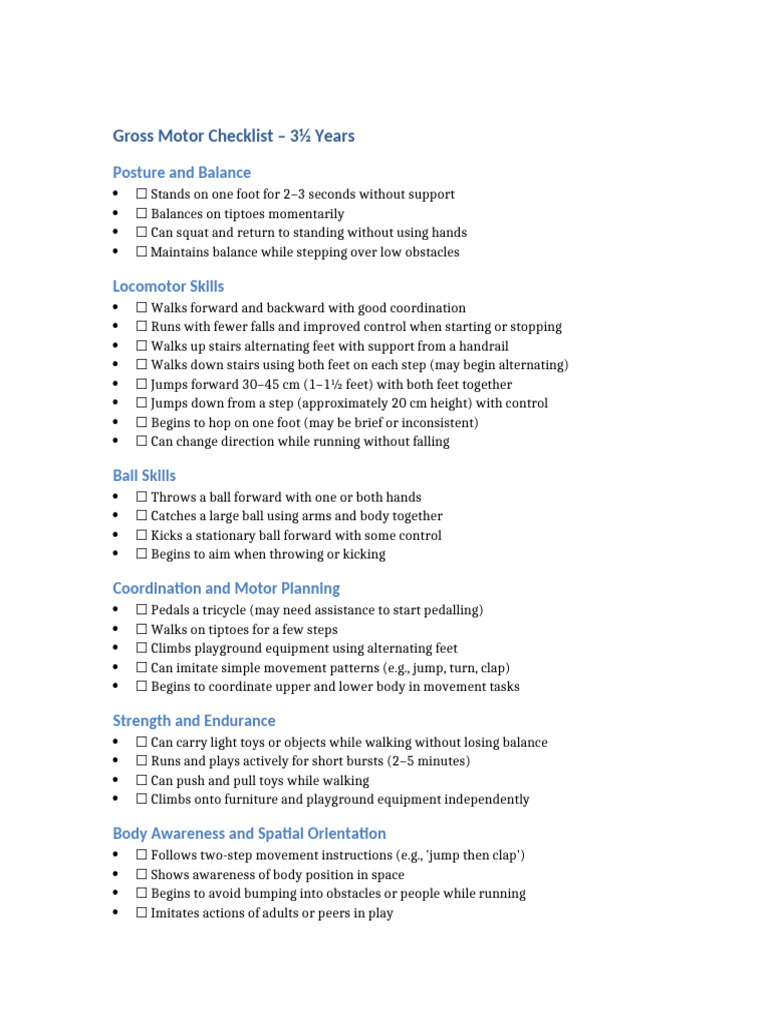 Gross Motor Checklist 3.5 Years | PDF