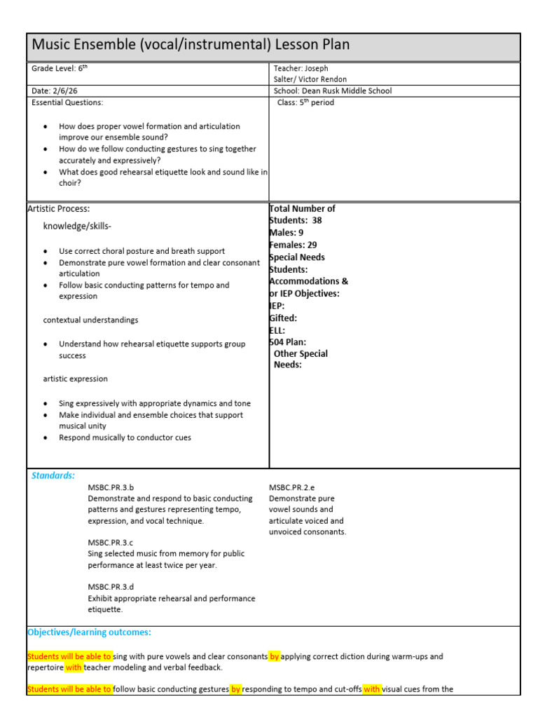 Dean Rusk Middle School 6th Grade 5th Period Lesson Plan 2-6-26 | PDF