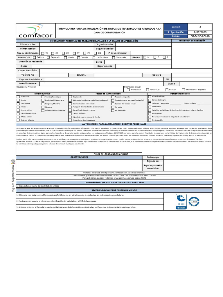 FO-MISF-AFI-10 Formulario para Actualización de Datos de Trabajadores ...