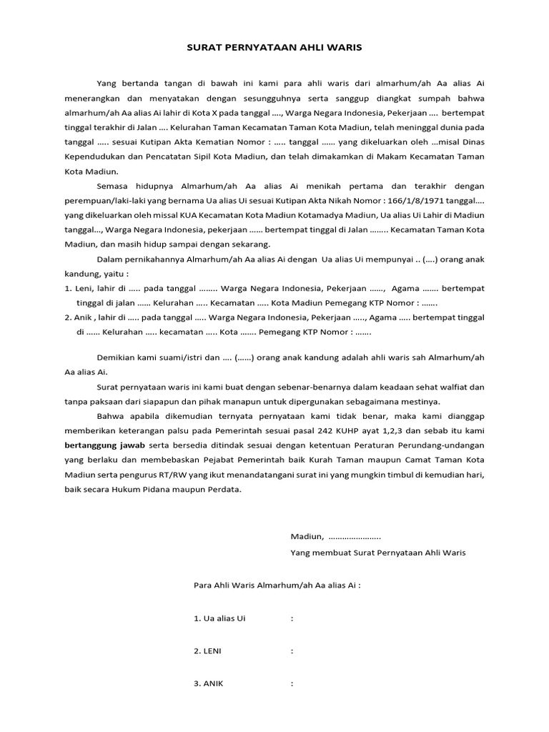 Surat Pernyataan Ahli Waris Form Contoh Ok | PDF