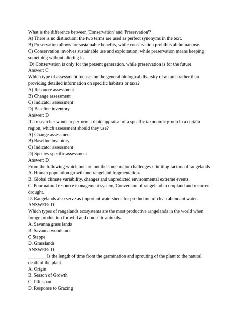 Model Exam A Questions Range Ecology and Biodiversity 2026 For | PDF ...