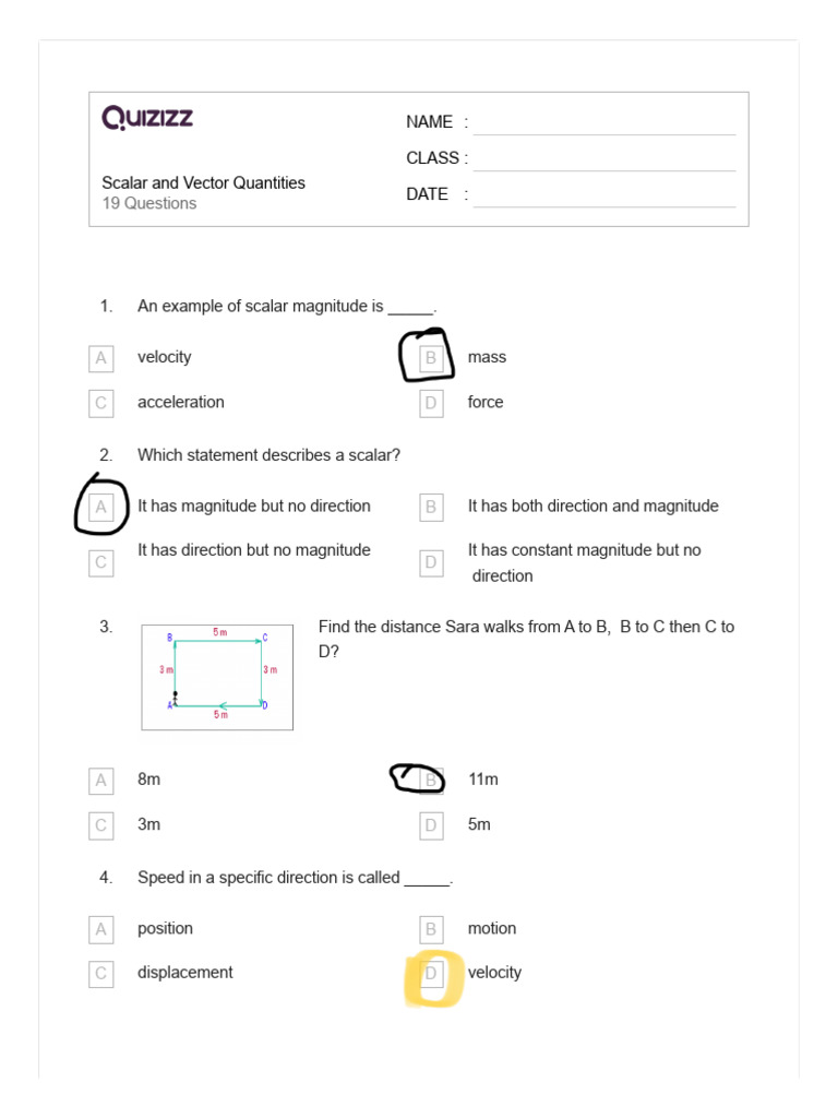 Scalar and Vector Quantities Quiz | PDF | Velocity | Euclidean Vector