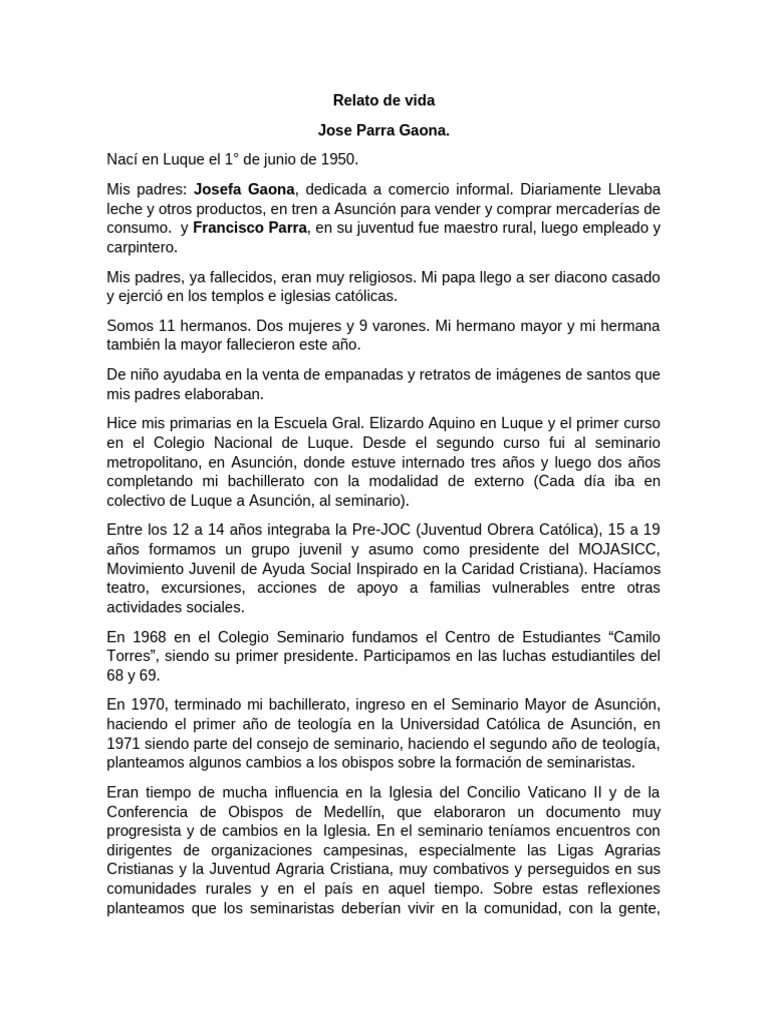 Relato de Vida - Jose Parra Gaona | PDF | Seminario | Paraguay
