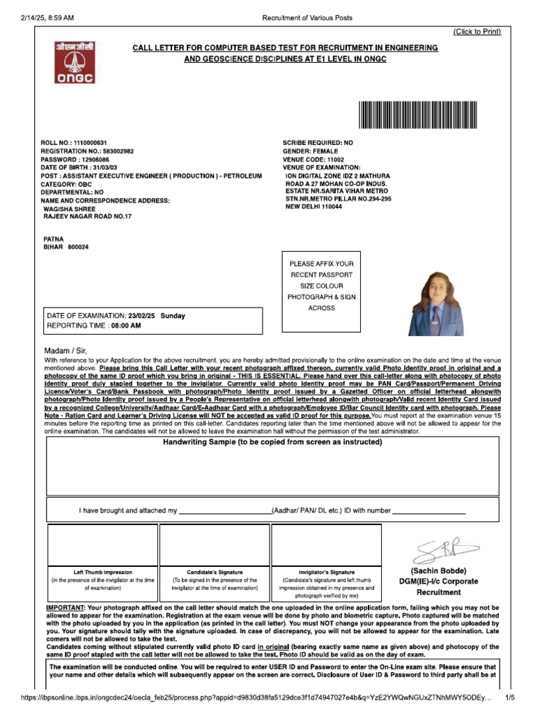 Call Letter Ongc | PDF