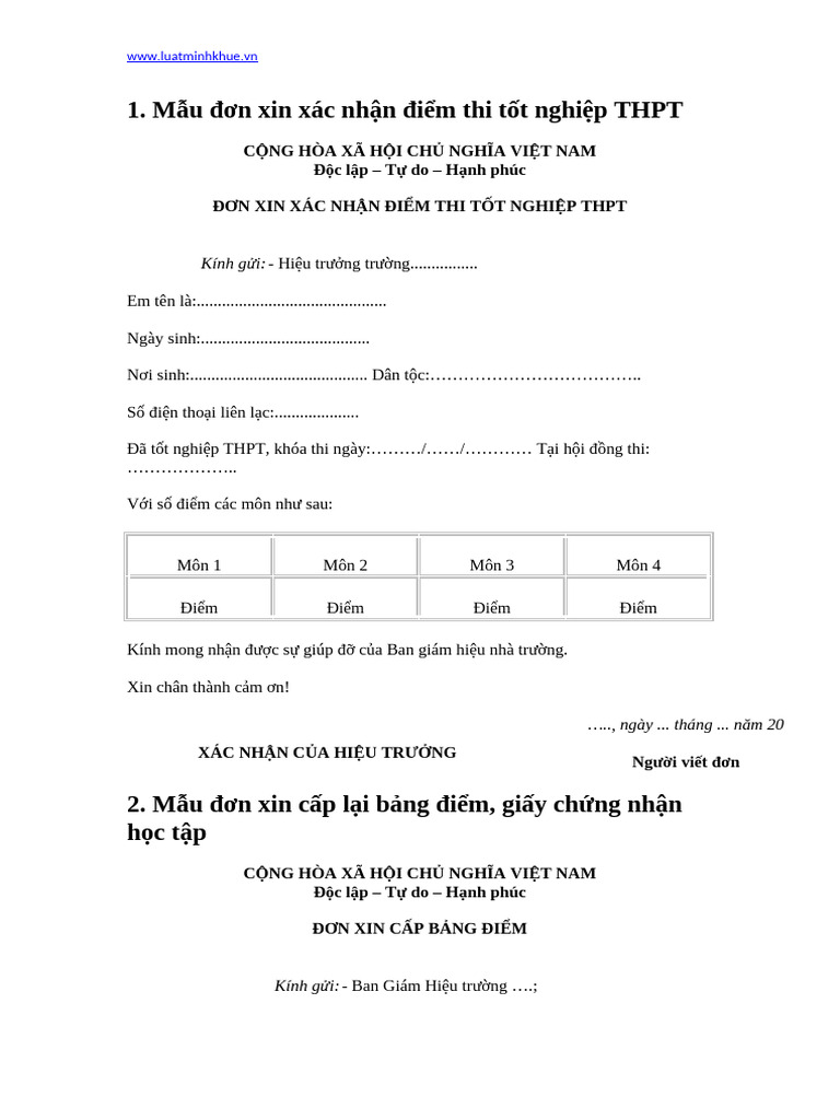 Don Xin Cap Lai Giay Chung Nhan Bang Diem Hoc Tap | PDF