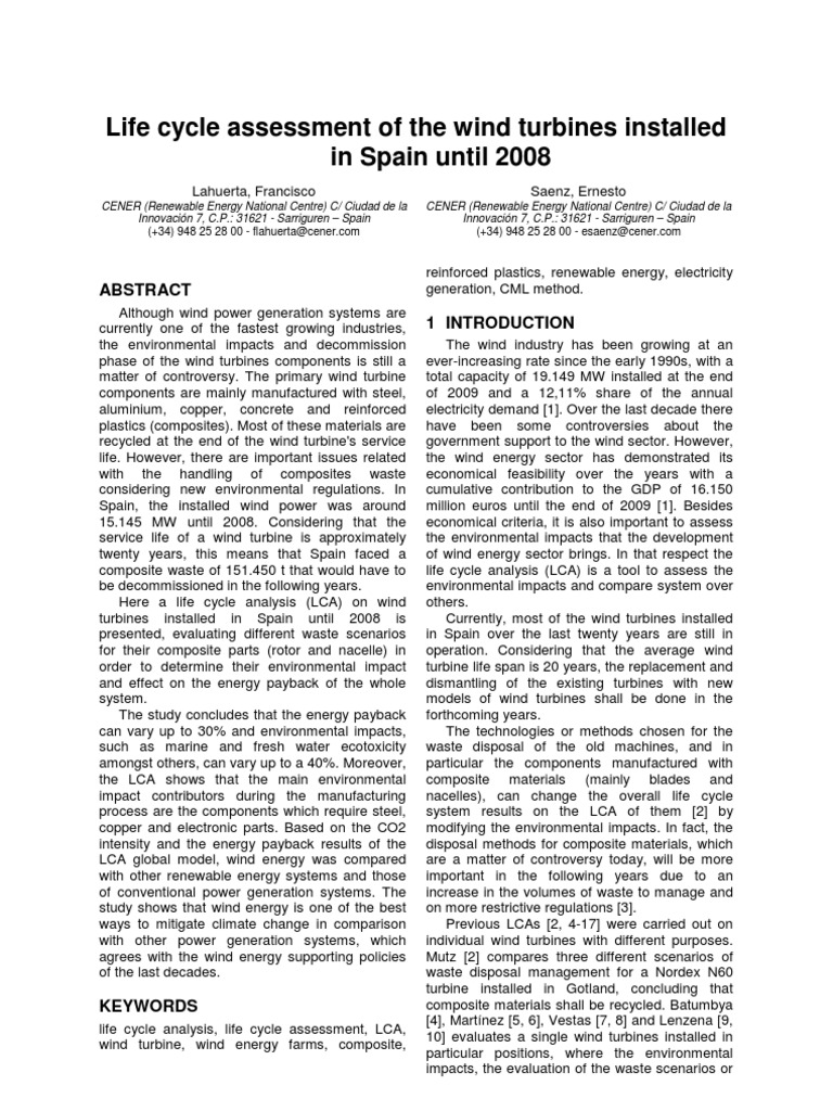 Life Cycle Assessment of Wind Turbines in Spain Until 2008 | PDF | Wind ...