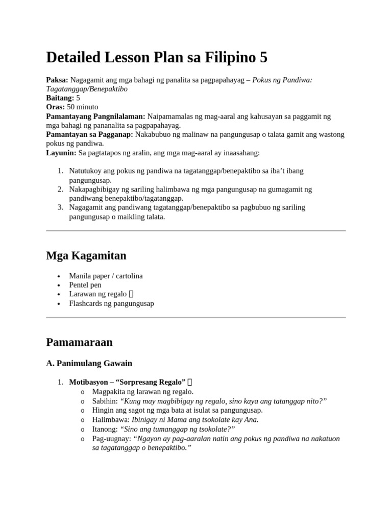 Detailed Lesson Plan Sa Filipino 5 | PDF