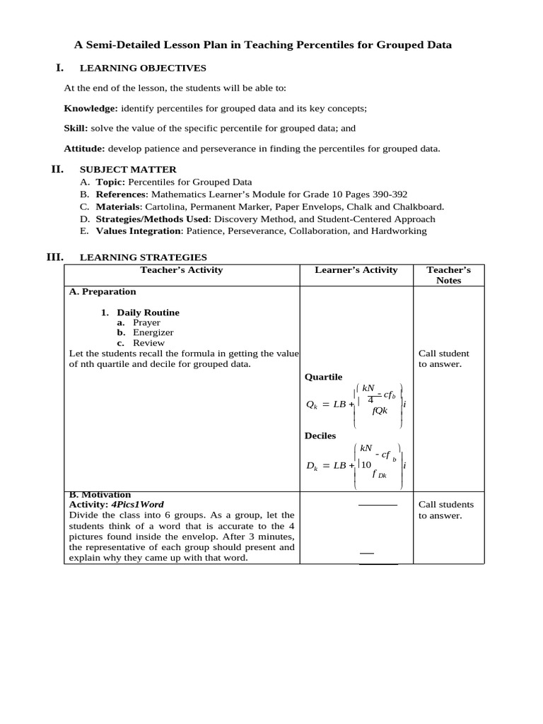 A Semi Detailed Lesson Plan in Teaching Percentiles For Grouped Data ...