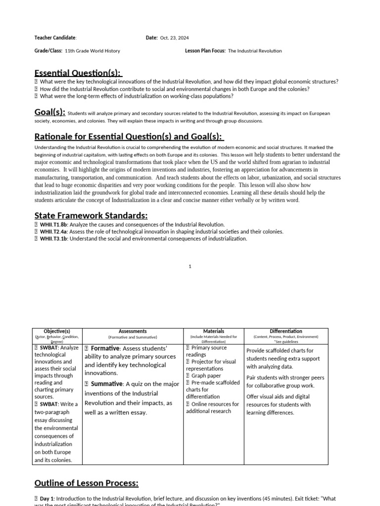 Lesson Plan Assigment | PDF | Industrial Revolution | Innovation