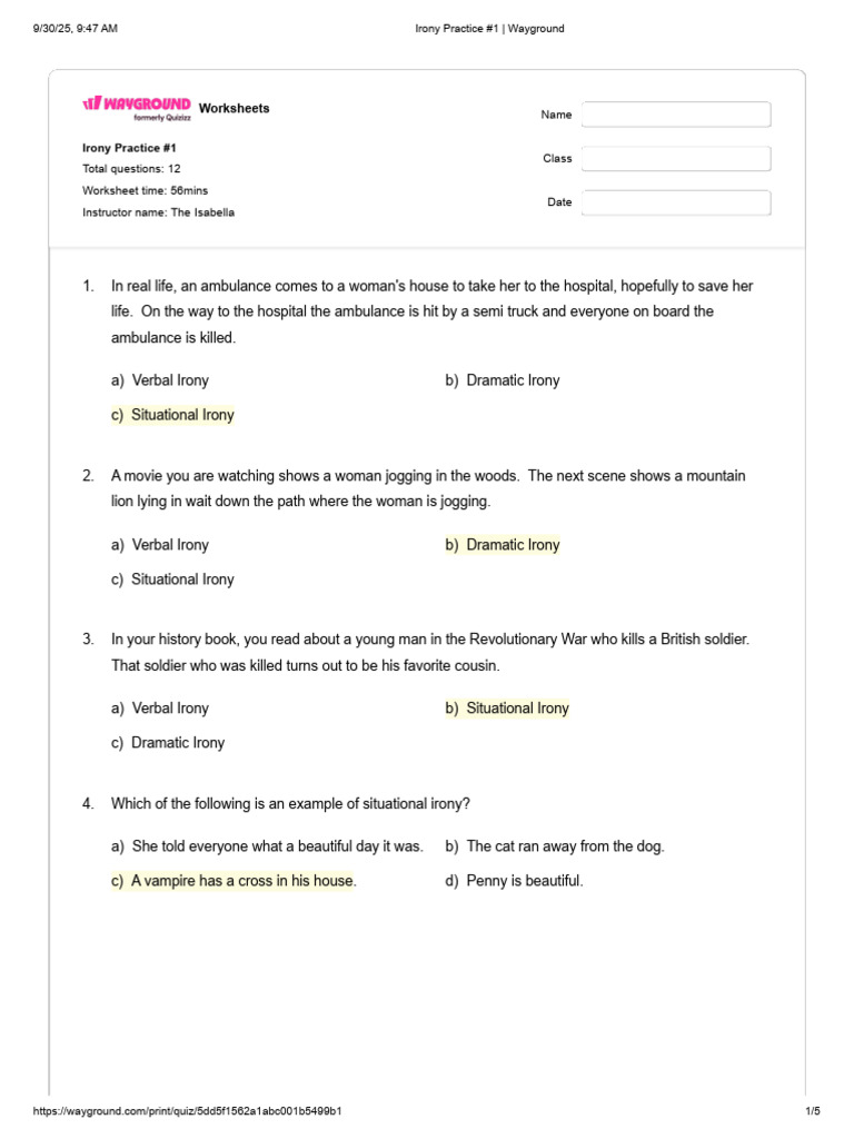 Irony Practice #1 - Wayground | PDF | Characters In Romeo And Juliet
