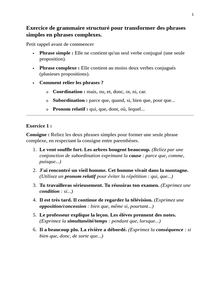 Exercice de Grammaire Structuré Pour Transformer Des Phrases Simples en ...
