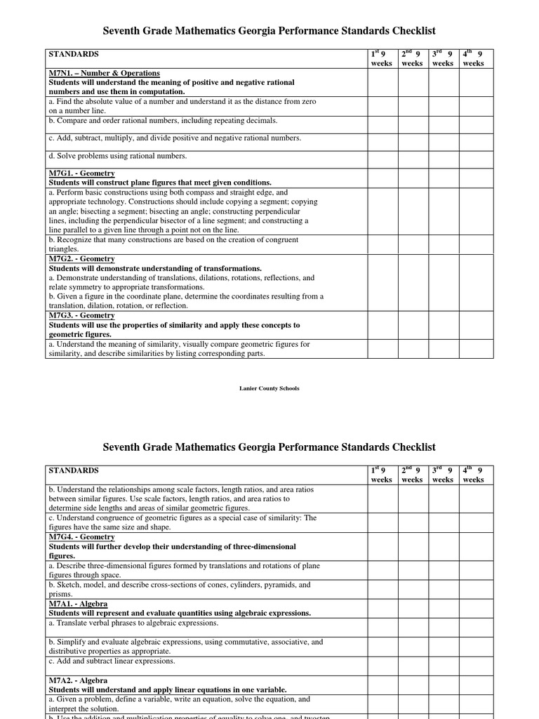 7th Grade Math GPS Checklist | Geometry | Physics & Mathematics