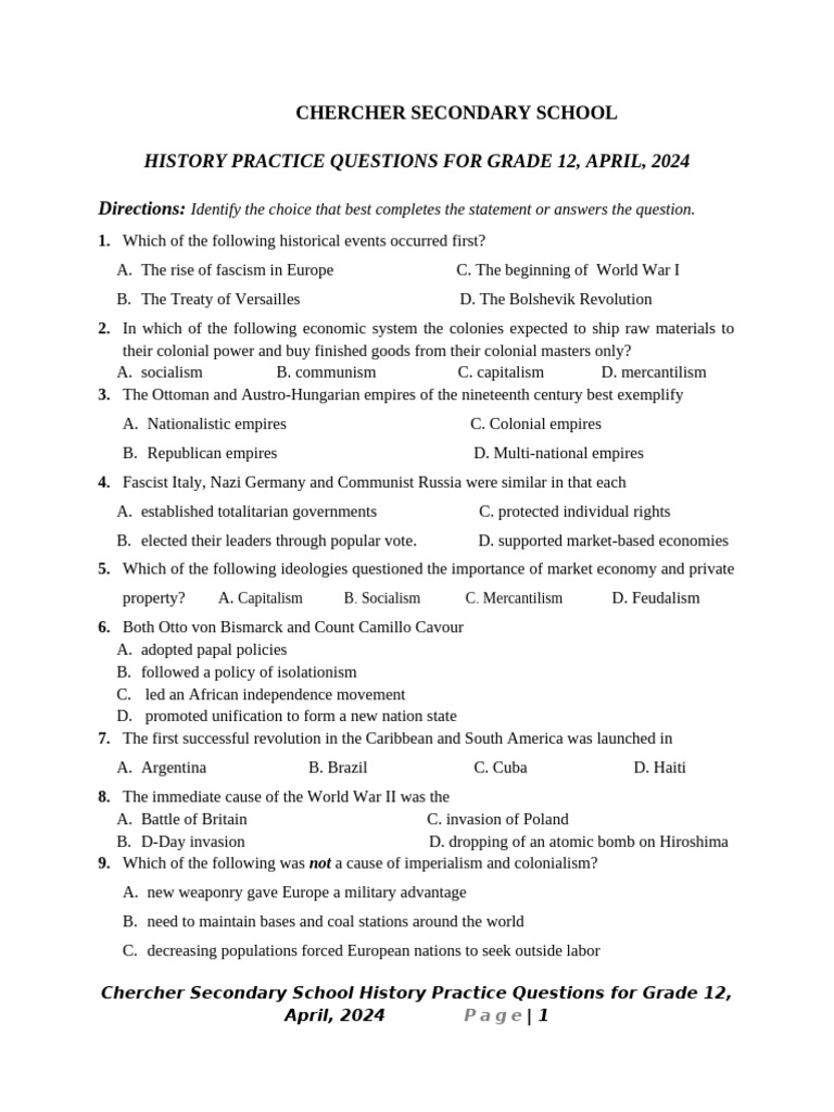 History Practice Questions For Grade 12 | PDF | Imperialism | Fascism