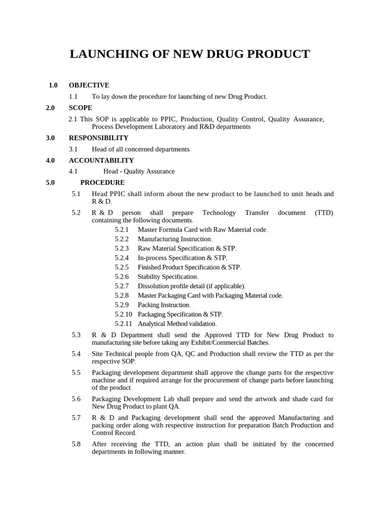 Launching of New Drug Product SOP | PDF | Specification (Technical ...