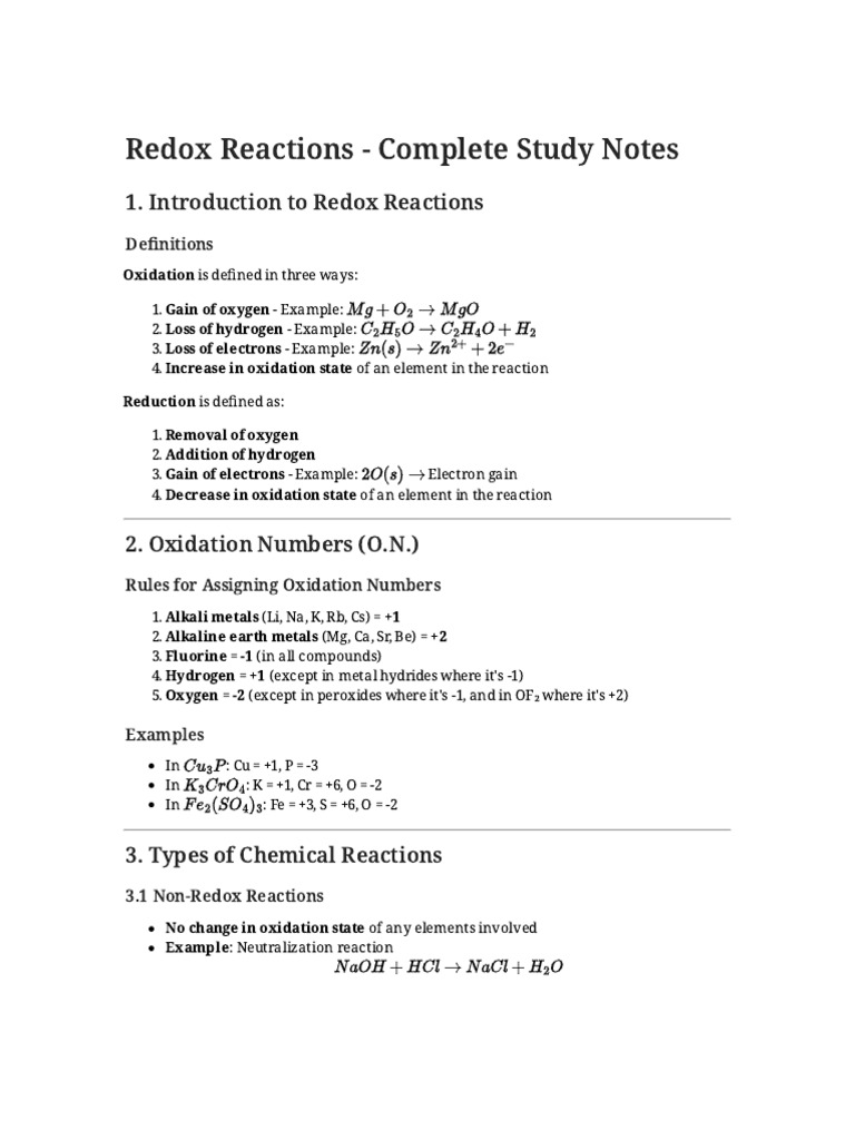 Redox Reactions Chemistry Notes | PDF | Redox | Chemical Reactions