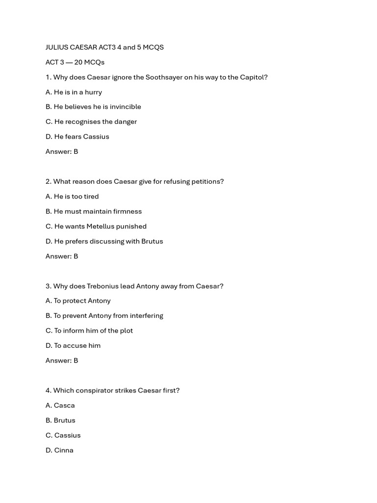 Julius Caesar Mcqs Practice Questions | PDF | Mark Antony | Julius Caesar