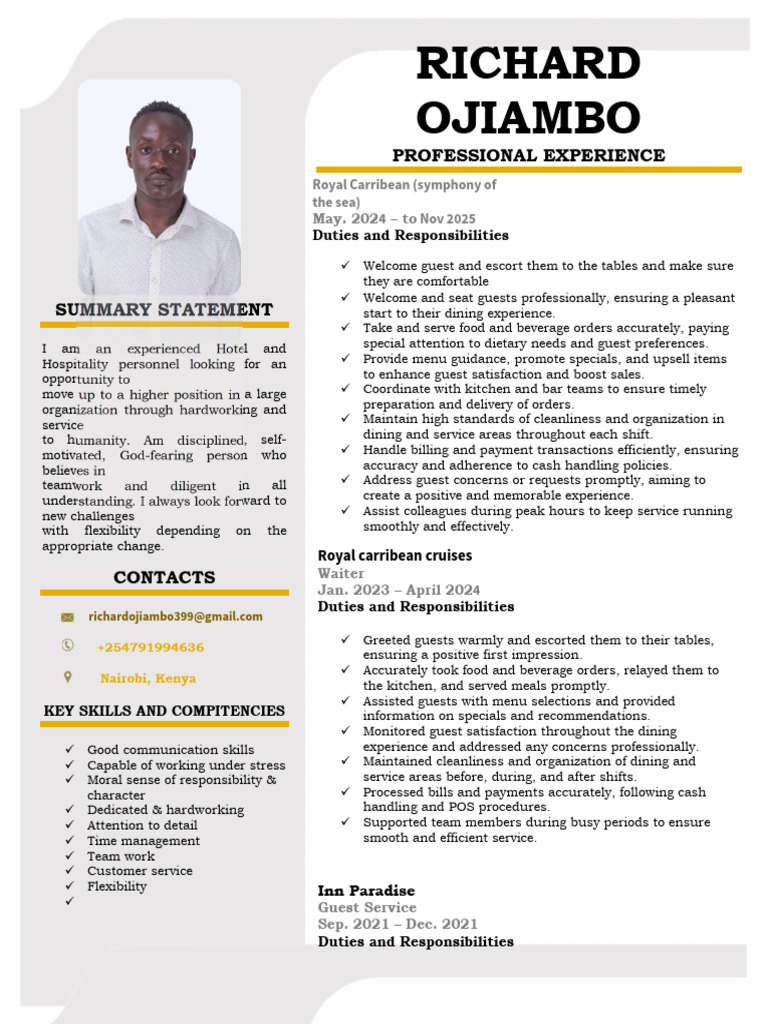 Richard Ojiambo CV Waiter. | PDF | Restaurants