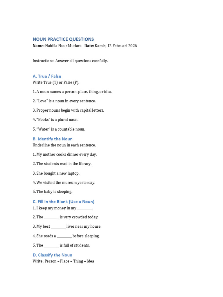 1 Noun Practice Questions | PDF