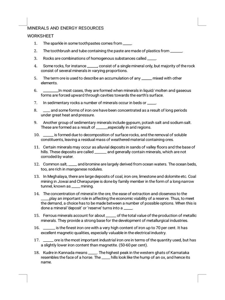 Minerals and Energy Resources Worksheet | PDF | Ore | Rock (Geology)