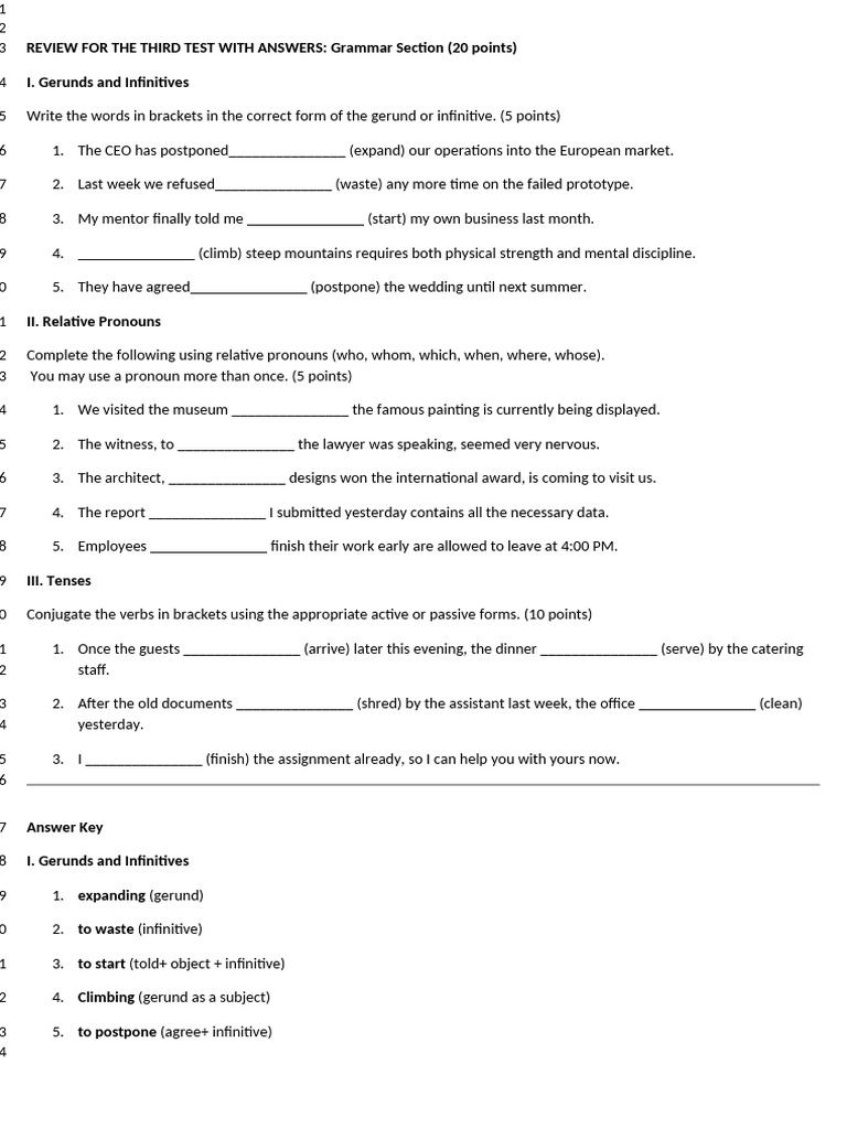Test 3 - Grammar Review - Examples and Answers | PDF