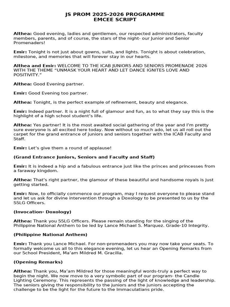 Emcee Script For JS Prom - 015330 | PDF | Prom