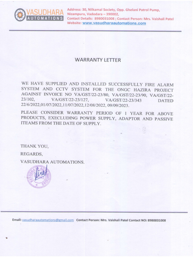 Warranty Letter Ongc-Cctv & Fire Alarm-Vasudhara Automation | PDF