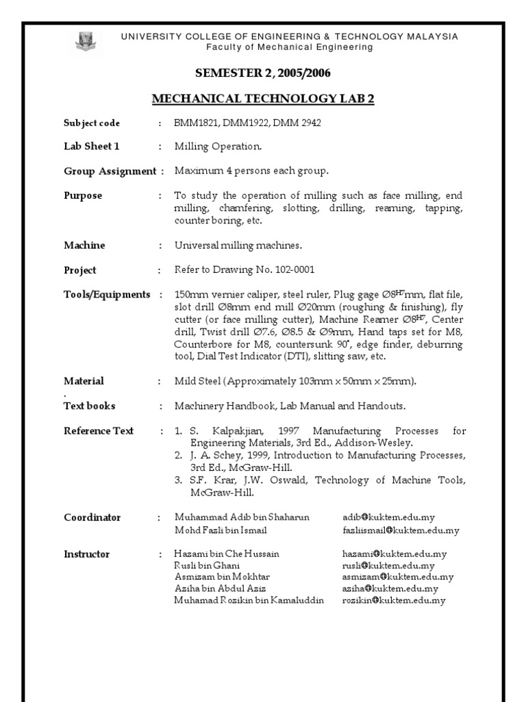 Lab Sheet Milling | PDF | Drill | Drilling
