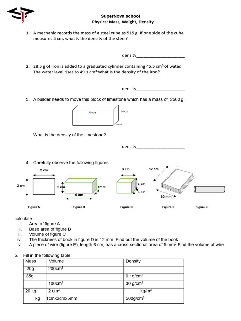 Mass, Weight, Density Worksheet | PDF