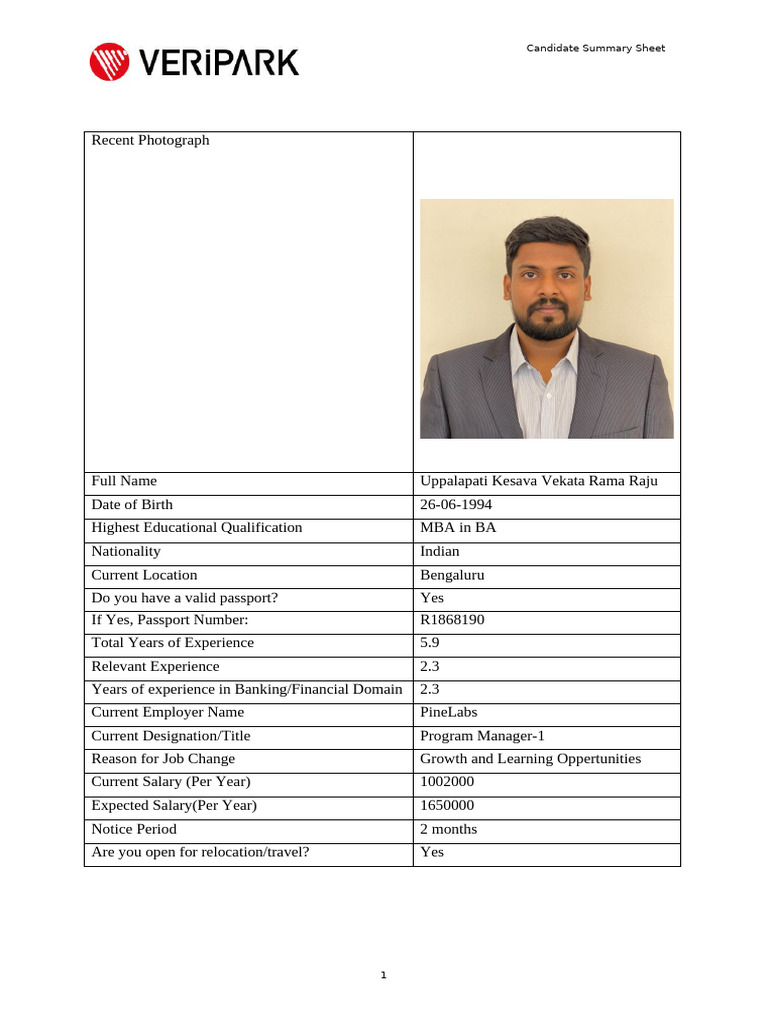 Candidate Summary Sheet | PDF