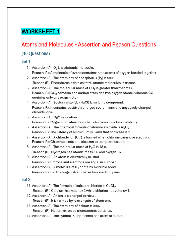 Atoms Molecules Worksheet 1 | PDF | Ion | Chemical Compounds