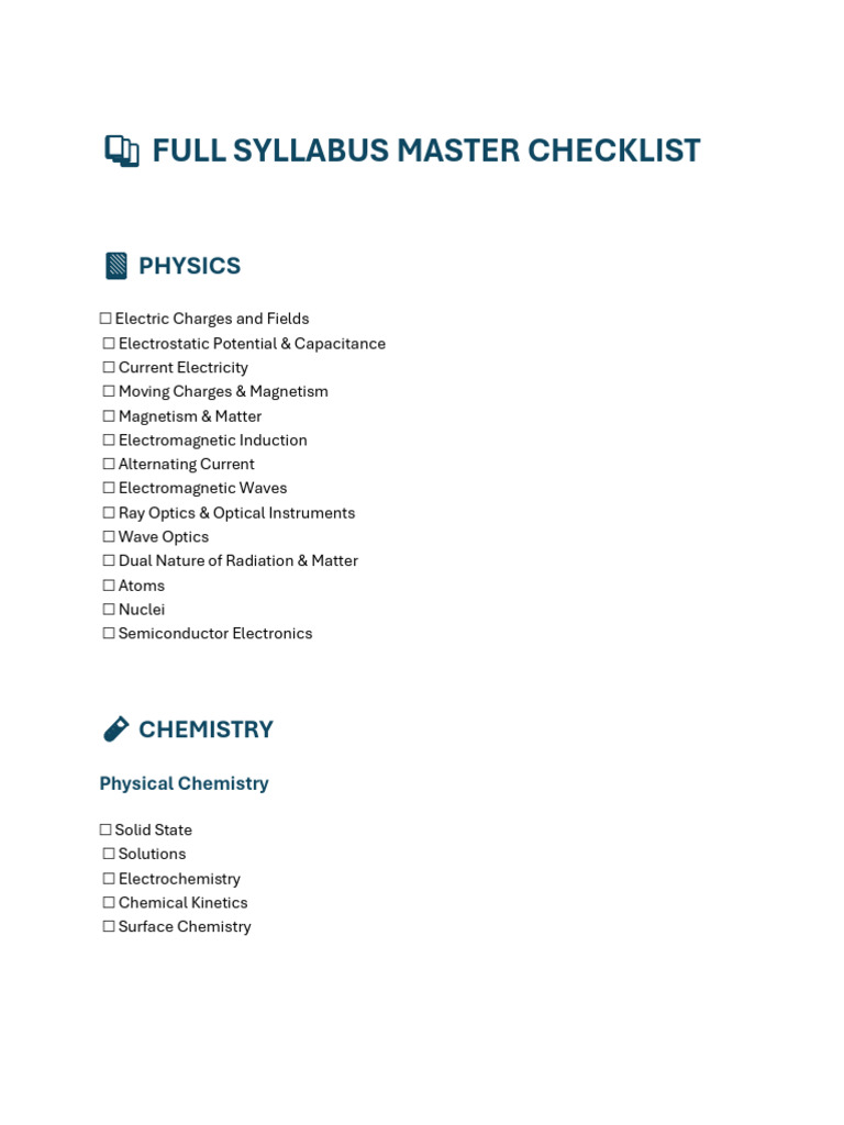 Full Syllabus Master Checklist: Physics | PDF
