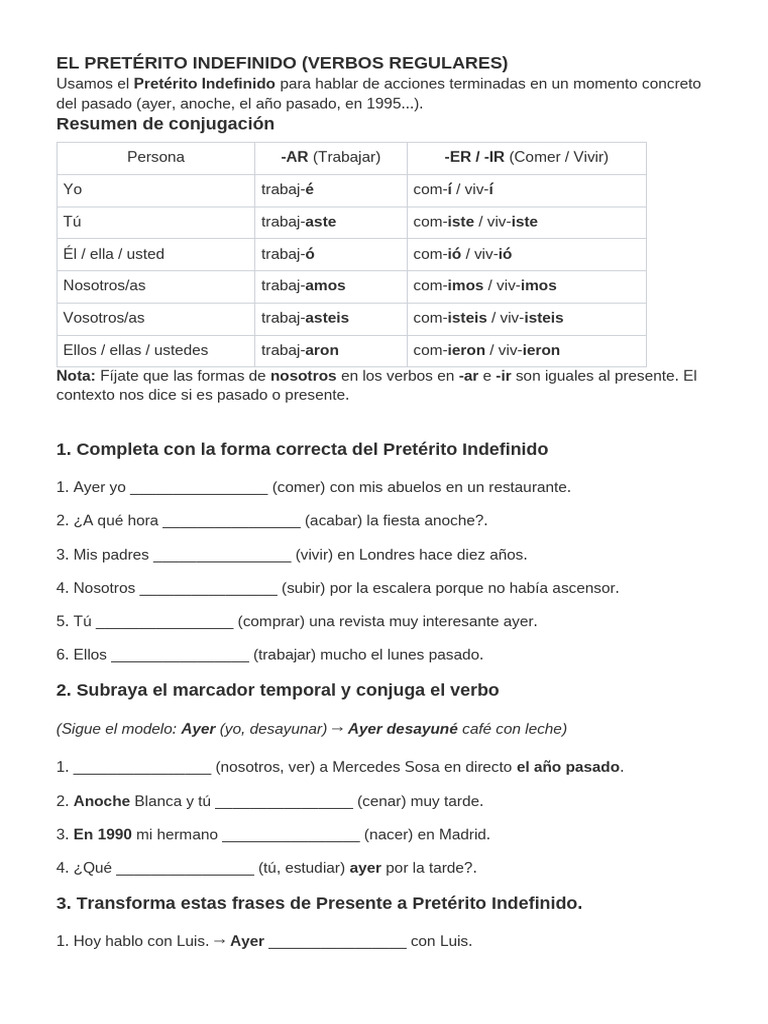 Ele 2 y 3 El Pretérito Indefinido (Verbos Regulares) | PDF | Verbo