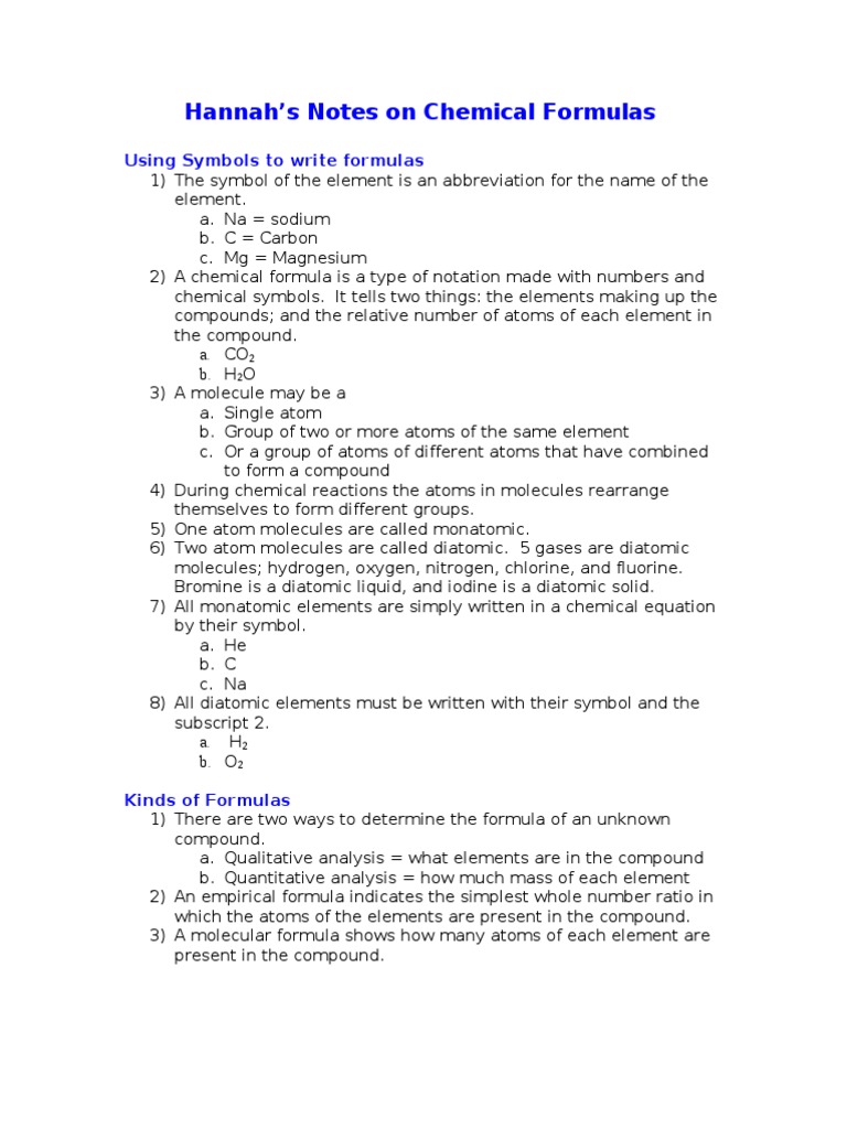 Hannah's Notes On Chemical Formulas: Using Symbols To Write Formulas ...
