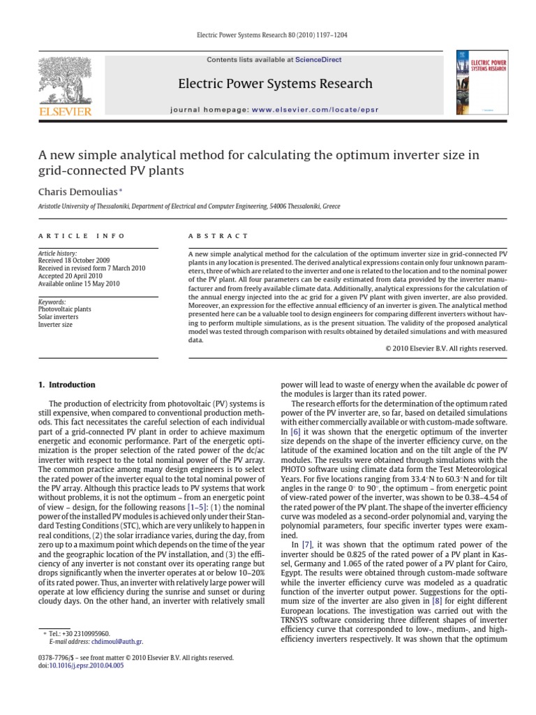 A New Simple Analytical Method For Calculating The Optimum Inverter Size in Grid Connected PV ...
