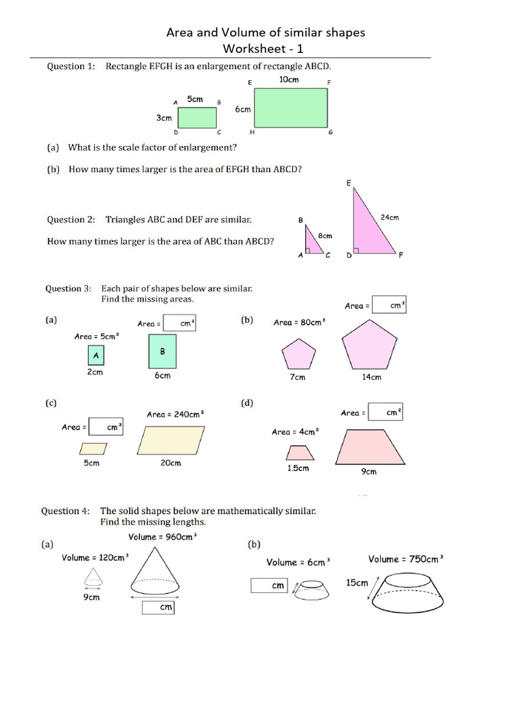 Area and Volume of Similar Shapes Worksheet Classwork | PDF