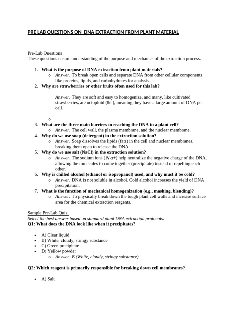 Pre Lab Questions On Dna Extraction From Plant Material | PDF | Cell ...