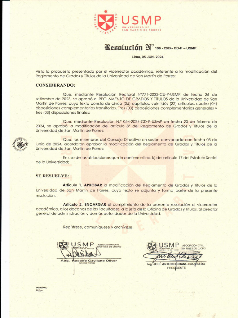Resolución #196-2024-Cd-P-Usmp Reglamento de Grados y Títulos de La ...