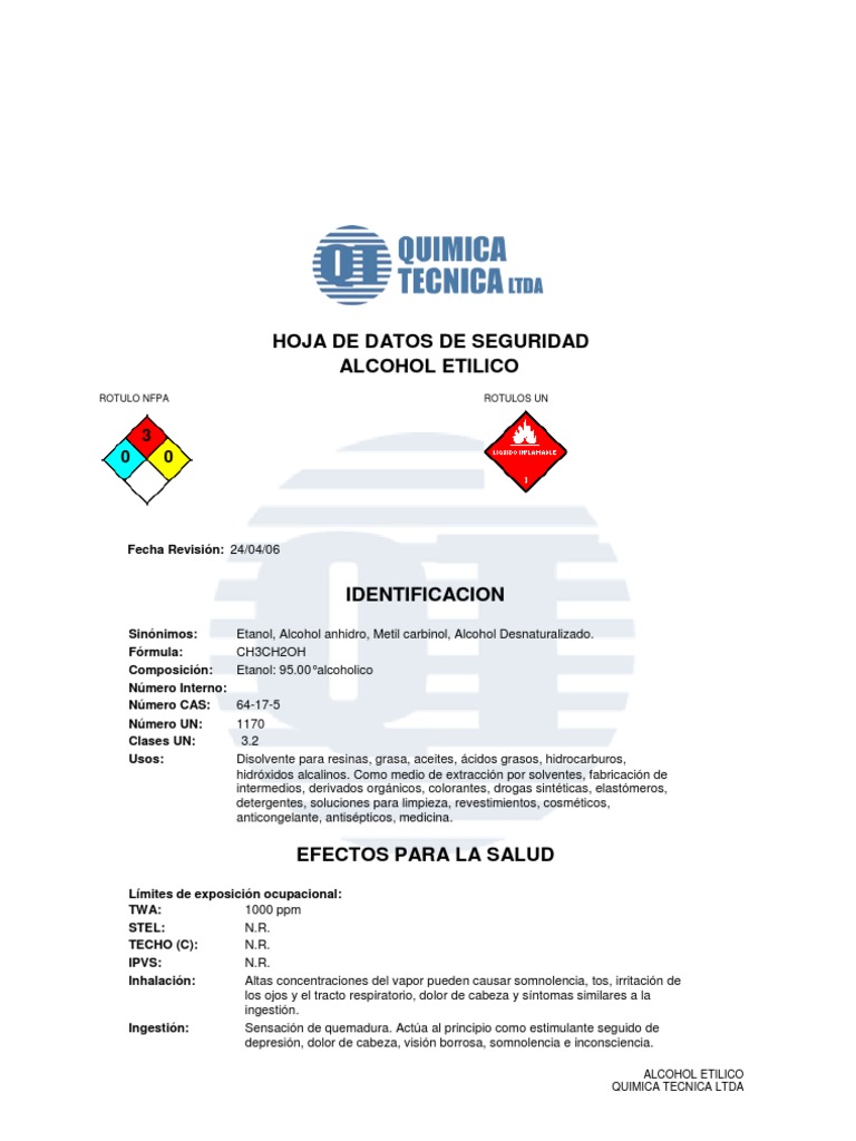 Hoja de datos de seguridad para alcohol etílico: Propiedades, riesgos, primeros auxilios y ...