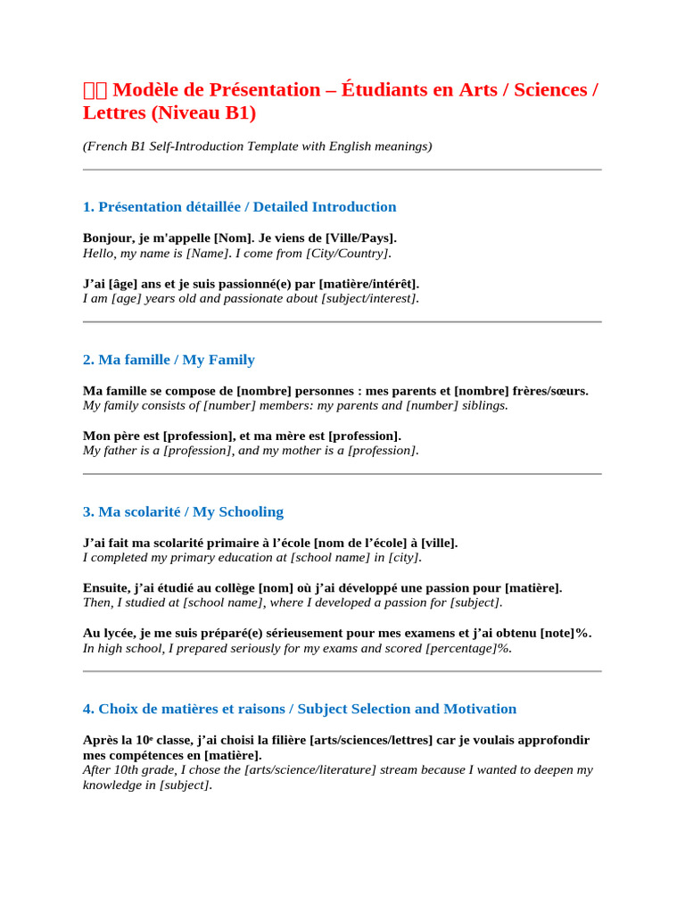 French Introduction Template For Arts Students | PDF
