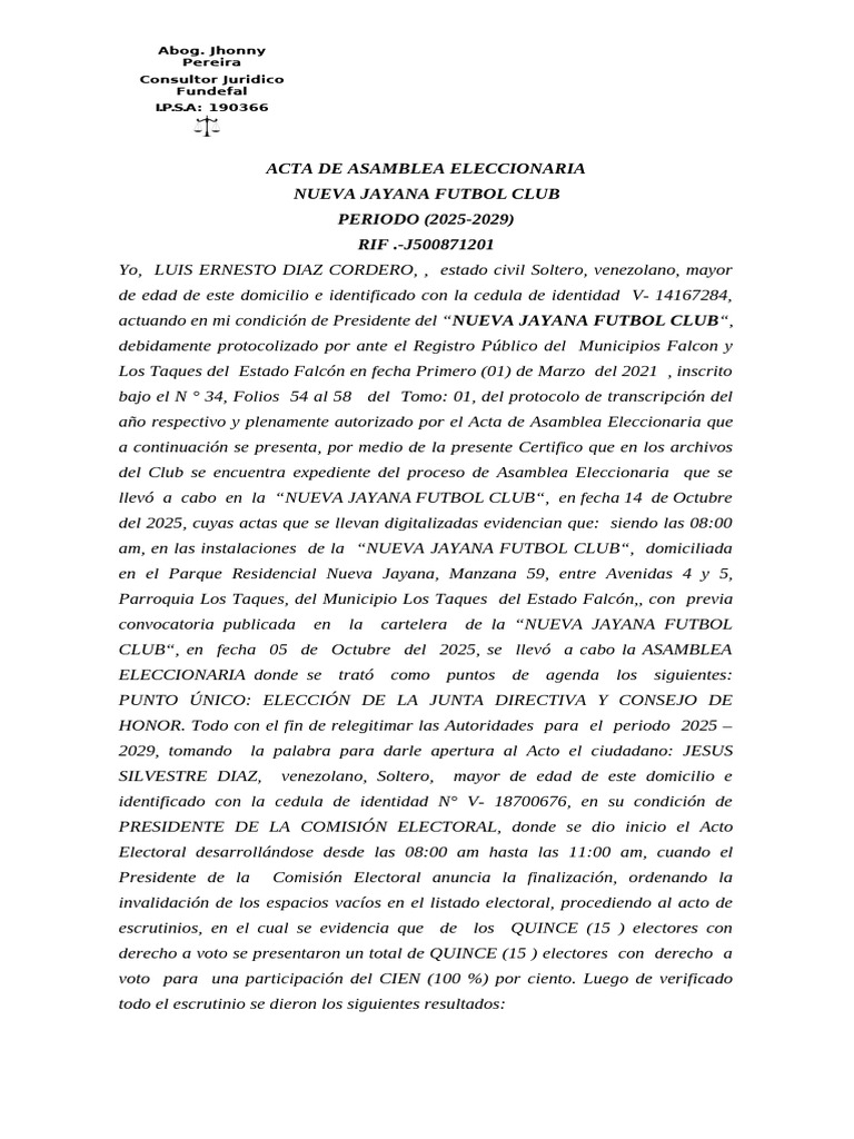 Junta Eleccionaria Nueva Jayana Futbol Club Ultimo | PDF | Gobierno