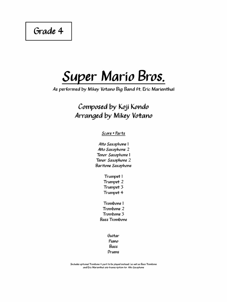 Super Mario Bros Grade 4 Score Parts | PDF | Musical Instruments | Jazz