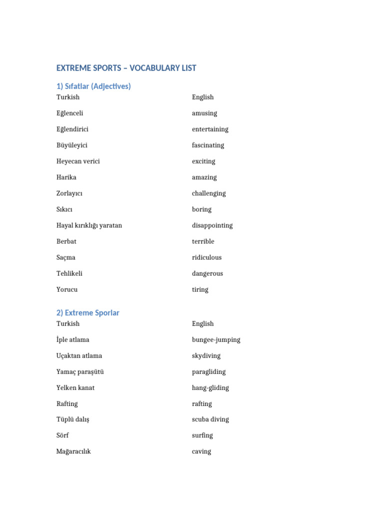 Extreme Sports Vocabulary List | PDF