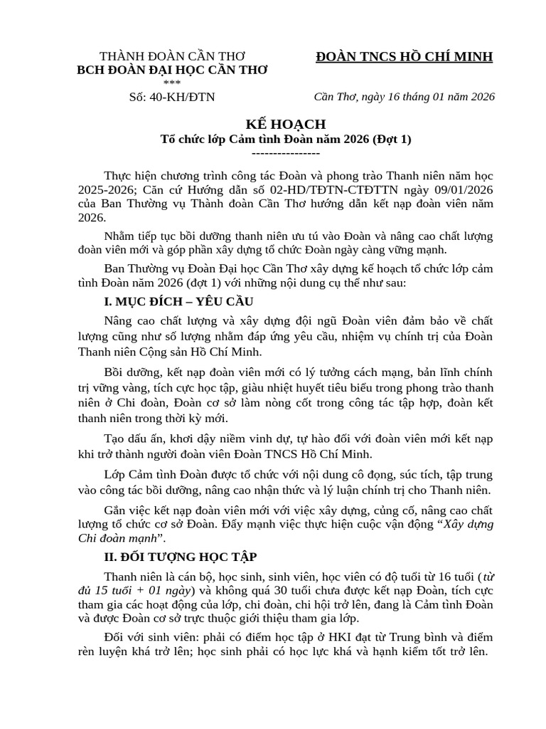 40 - DHCT Ke Hoach To Chuc Lop Cam Tinh Doan Nam 2026 (Dot 1) | PDF