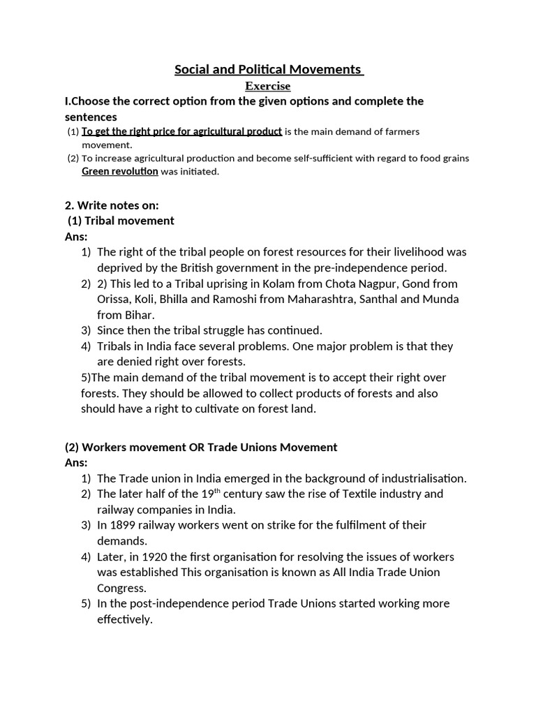 Social and Political Movements - Answer Key | PDF | Trade Union ...