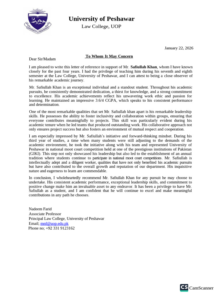 Reff Letter, Prof Nadeem Farid | PDF | Leadership | Cognition