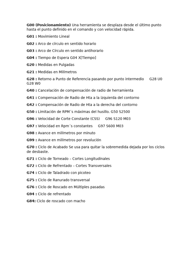 G00 (Posicionamiento) G01: G02: G03: G04: G20: G21: G28: G40: G41: G42 ...
