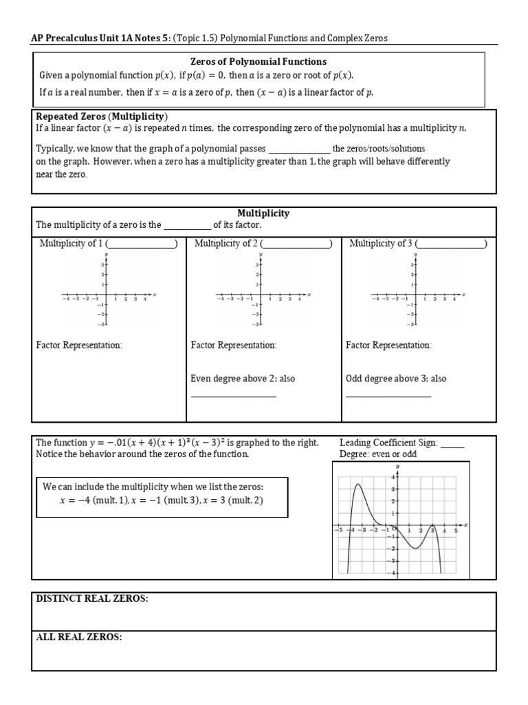 Unit 1A-Notes 5-Topic 1.5 Polynomial Functions and Complex Zeros | PDF ...